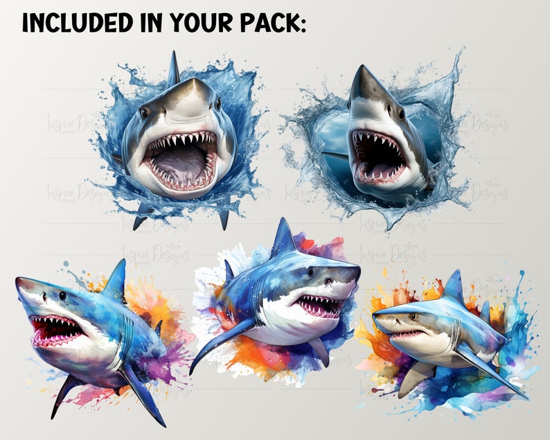 Ocean Sharks Watercolor Clipart 3D Style Animals, Underwater Sea Life ...