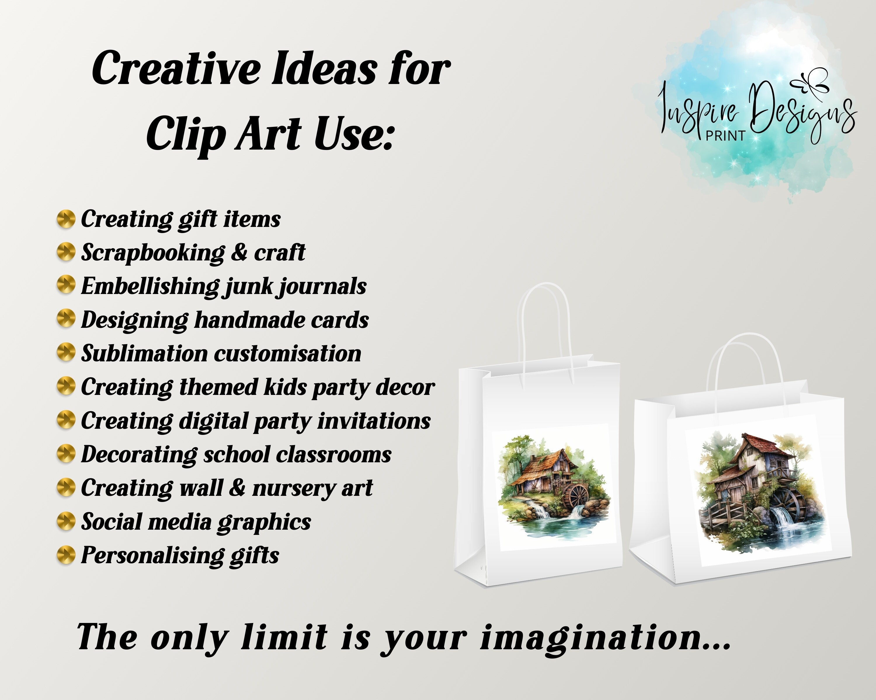 Watermill Scenes Watercolor Clipart, Digital & Paper Craft, Instant ...