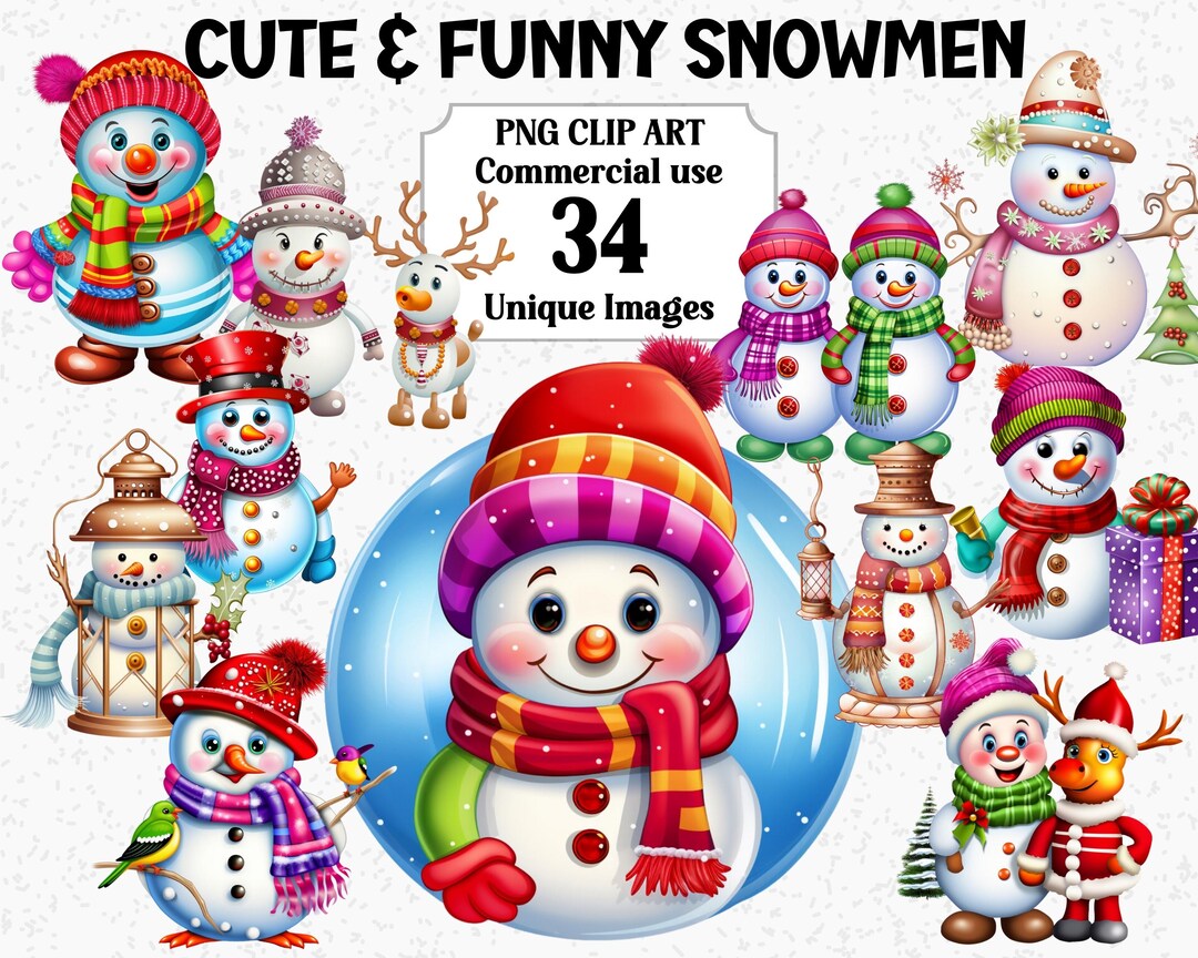 Cute & Funny Snowmen Clipart, Bright Christmas Cartoon Snowman Instant ...