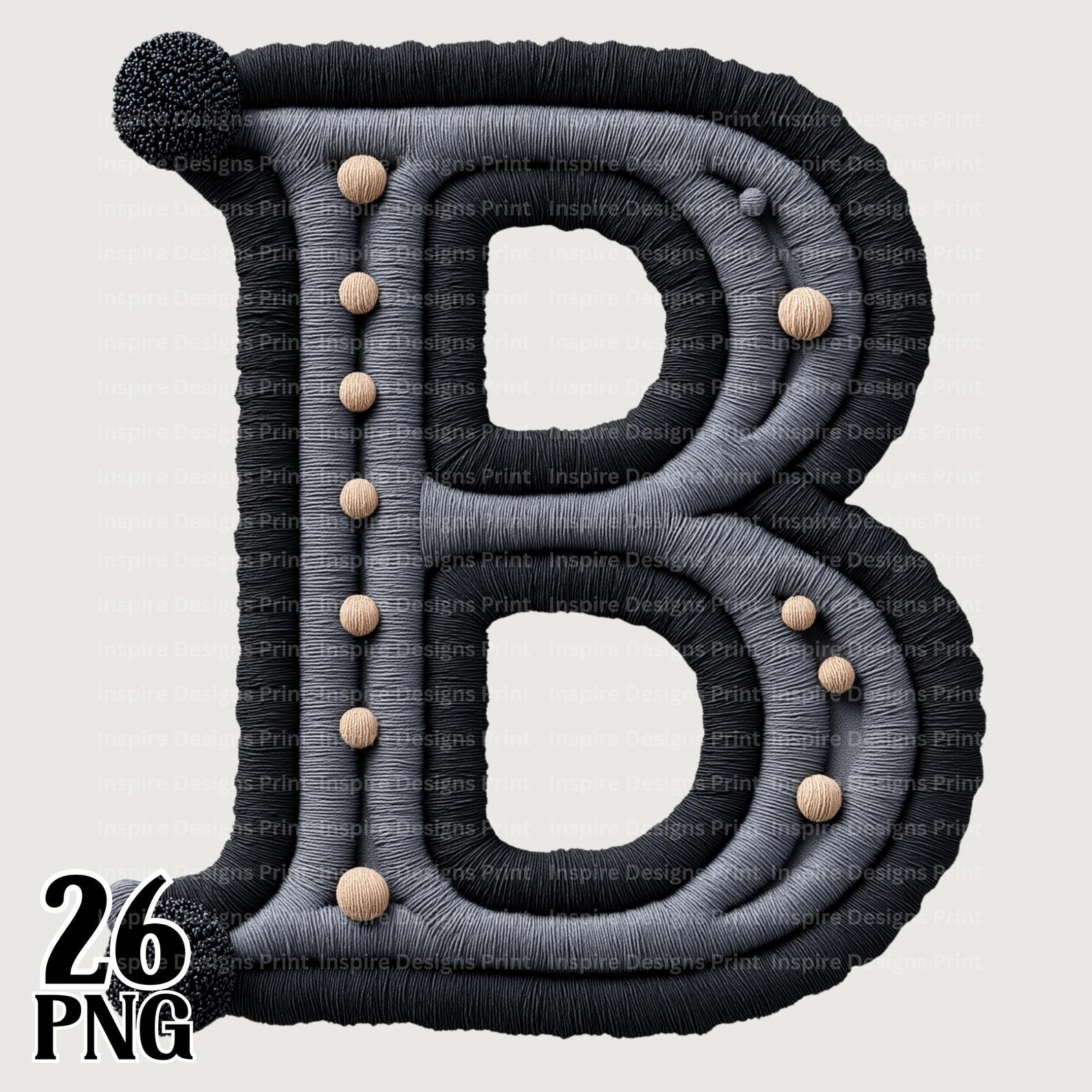 Black & Grey Faux Yarn Alphabet Letters, Faux Crotchet Font Clipart, A ...