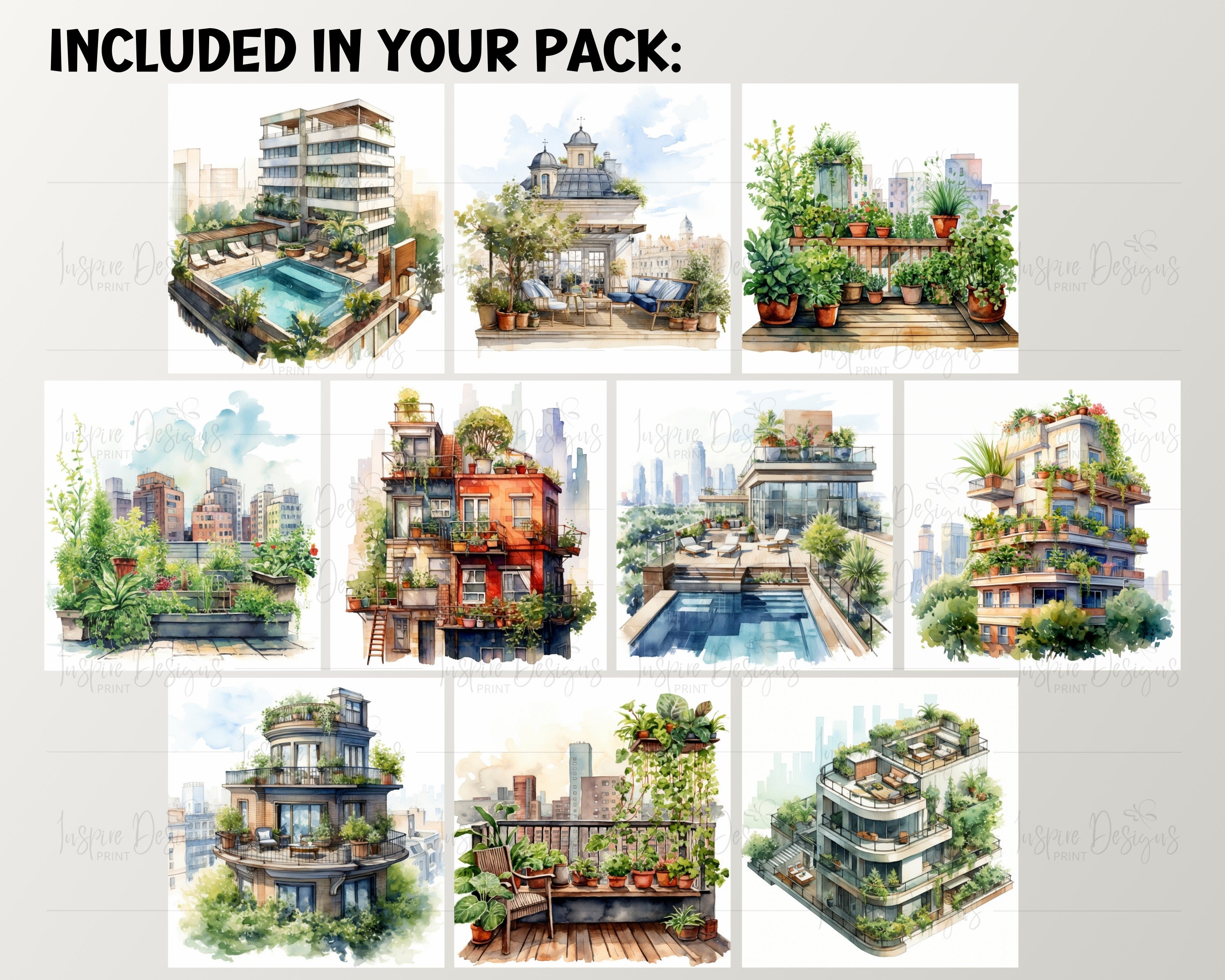 Urban Rooftop Gardens Watercolor Clipart Scenes, City Buildings Digital ...