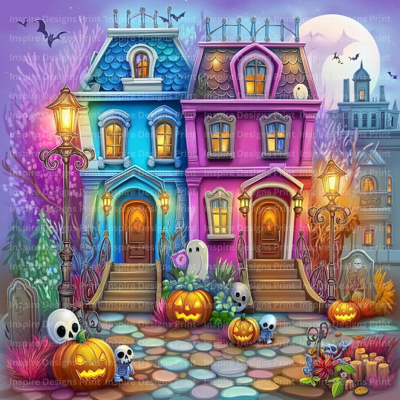 Spooky Halloween Towns Watercolor Clipart Haunted Houses Digital Papers ...