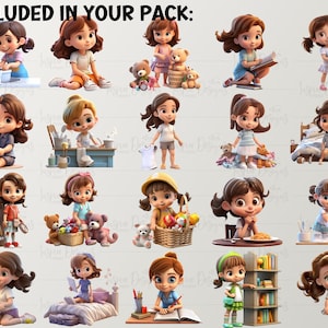 3D Style Cute Girls Doing Chores Clipart, Commercial Use Little Kids ...