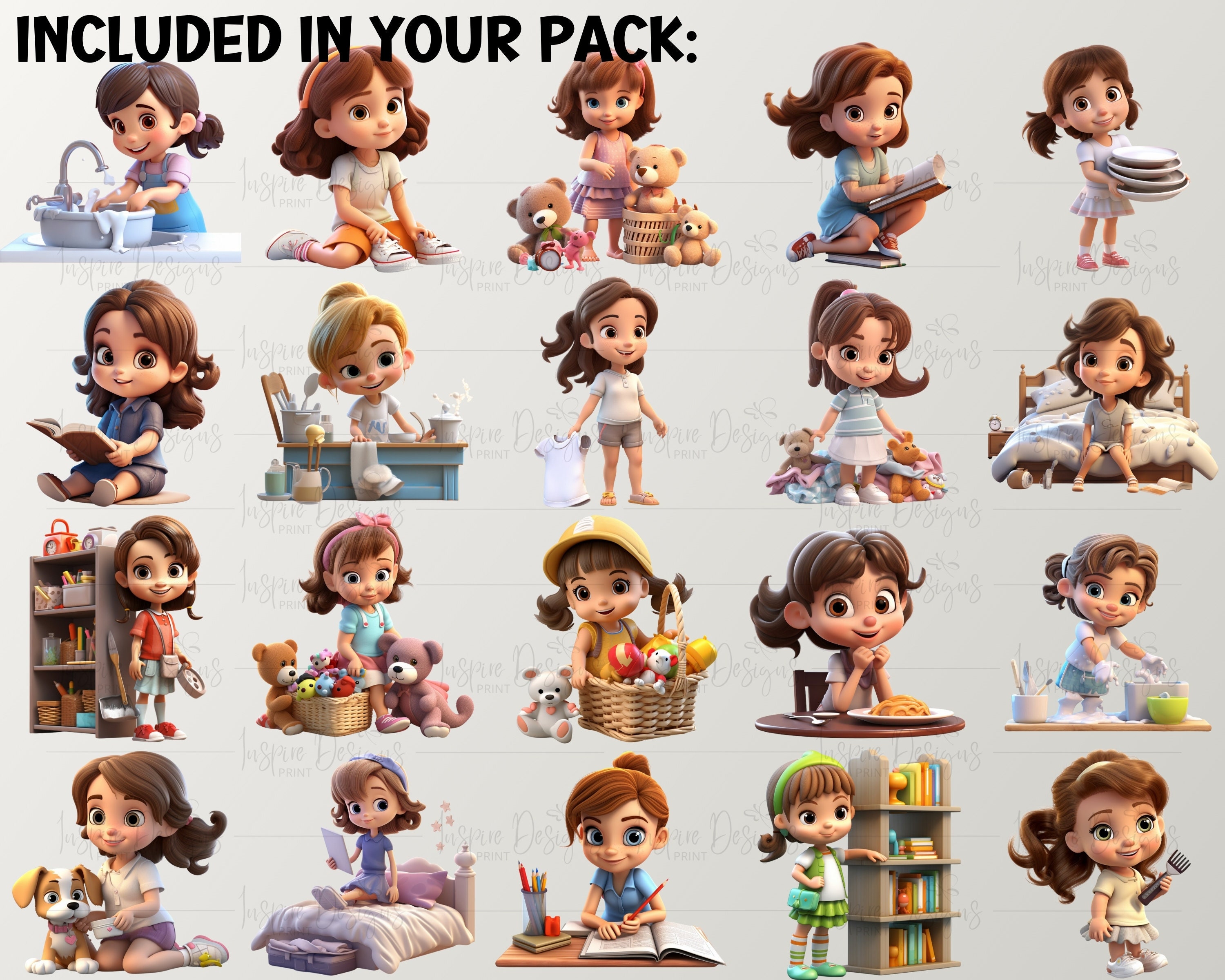 3D Style Cute Girls Doing Chores Clipart, Commercial Use Little Kids ...