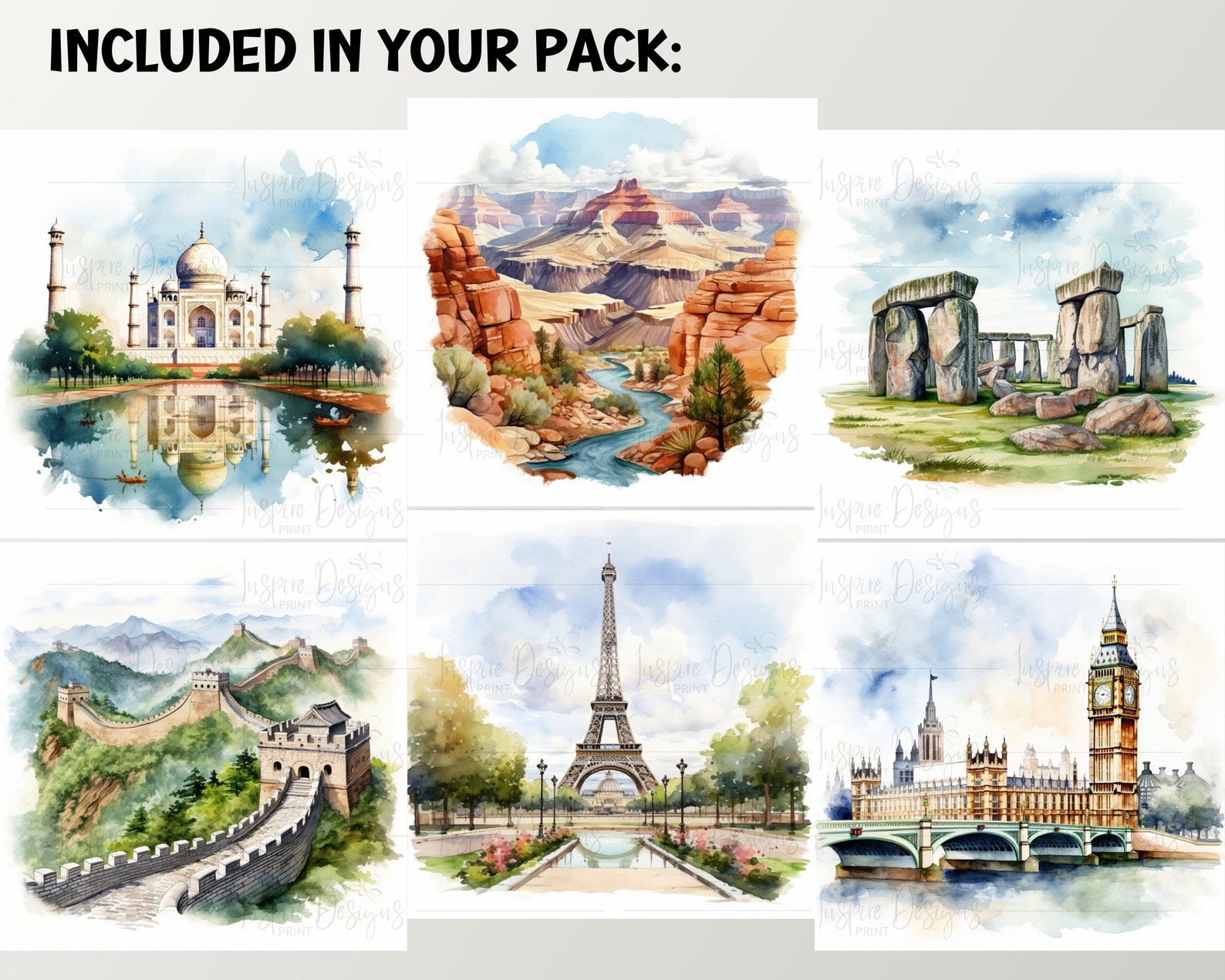 World Landmarks Watercolor Clipart, Digital & Paper Craft Iconic Scenes ...