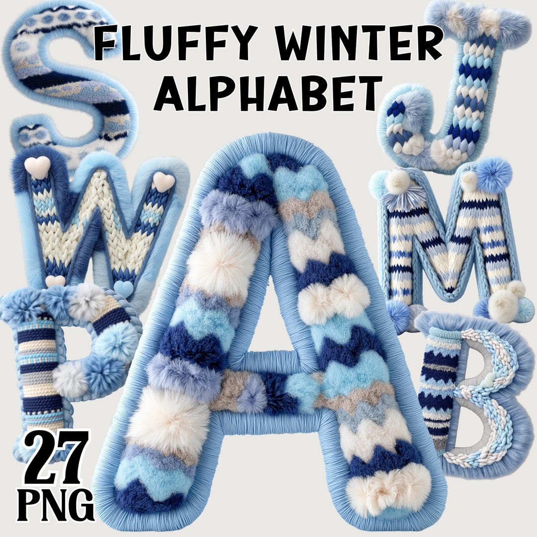 Fluffy Winter Faux Yarn Alphabet Letters, Faux Crotchet Font Clipart, A ...