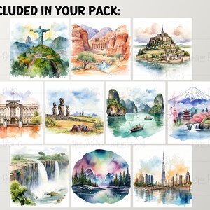 World Landmarks Watercolor Clipart, Digital & Paper Craft Iconic Scenes ...