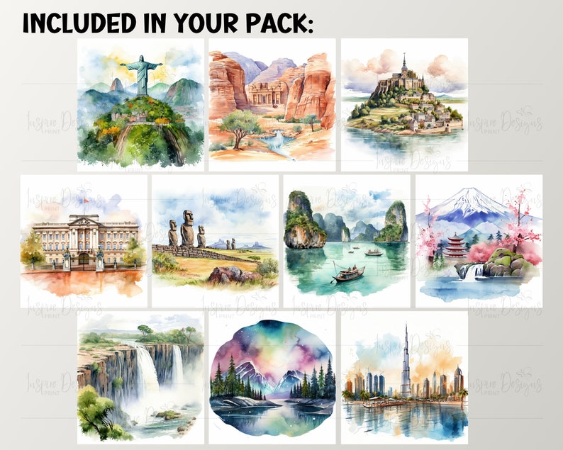World Landmarks Watercolor Clipart, Digital & Paper Craft Iconic Scenes ...