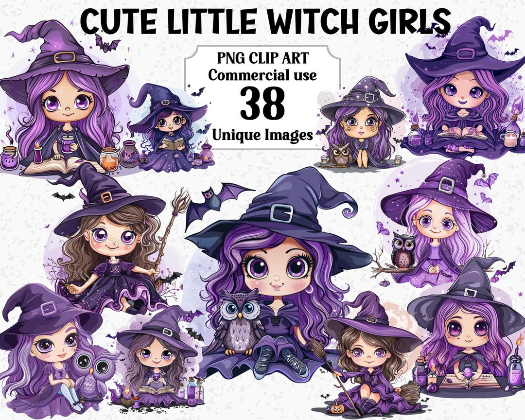 Cute Little Witch Girls Halloween Clipart, Digital Craft, Instant ...