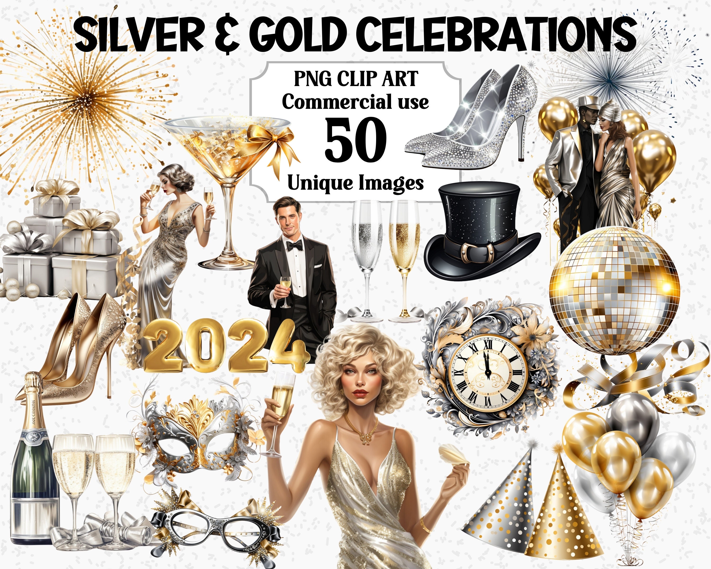Silver & Gold Celebrations New Years Eve Watercolor Clipart Bundle ...