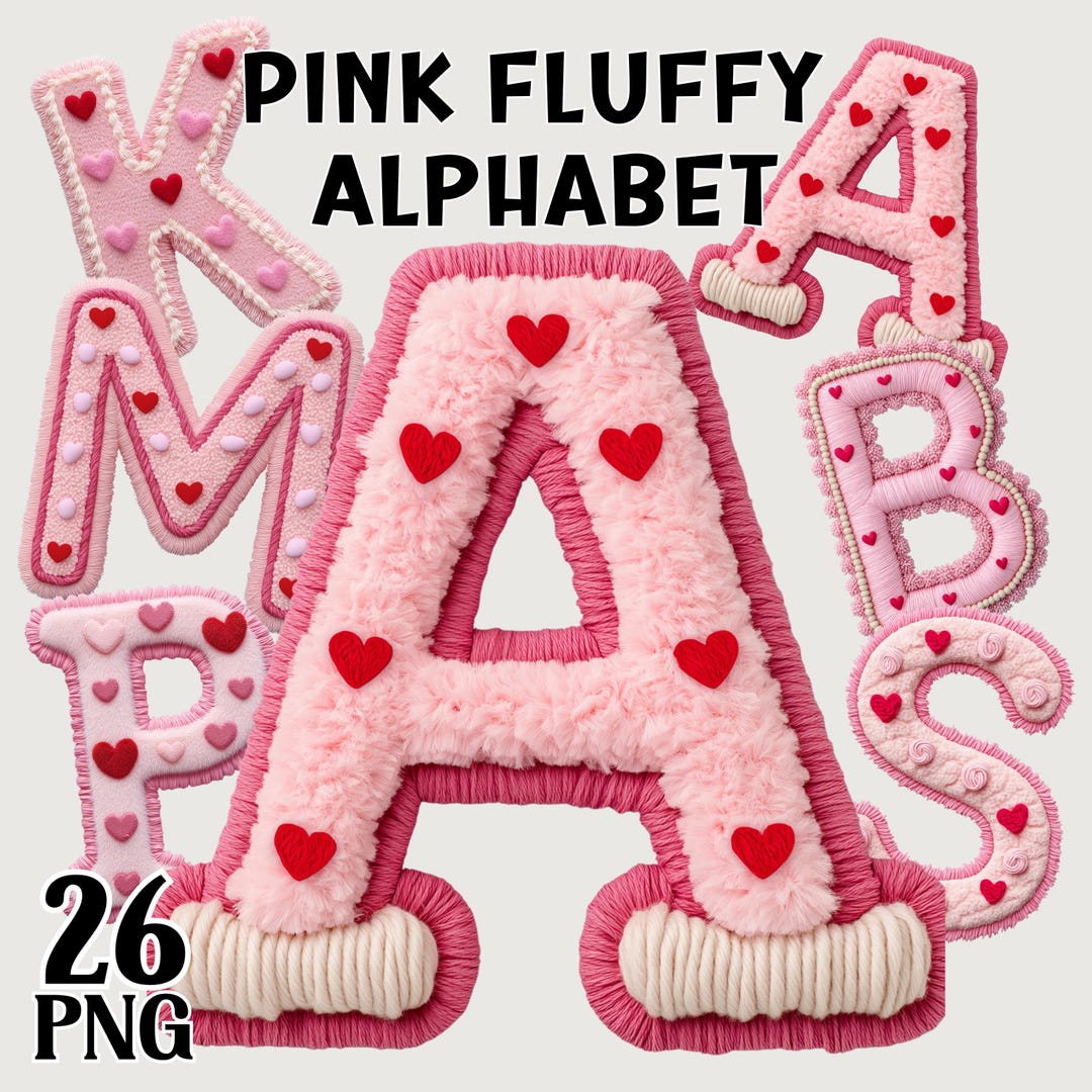 Pink Fluffy Alphabet Letters, Faux Yarn Love Font Clipart, Mother's Day ...