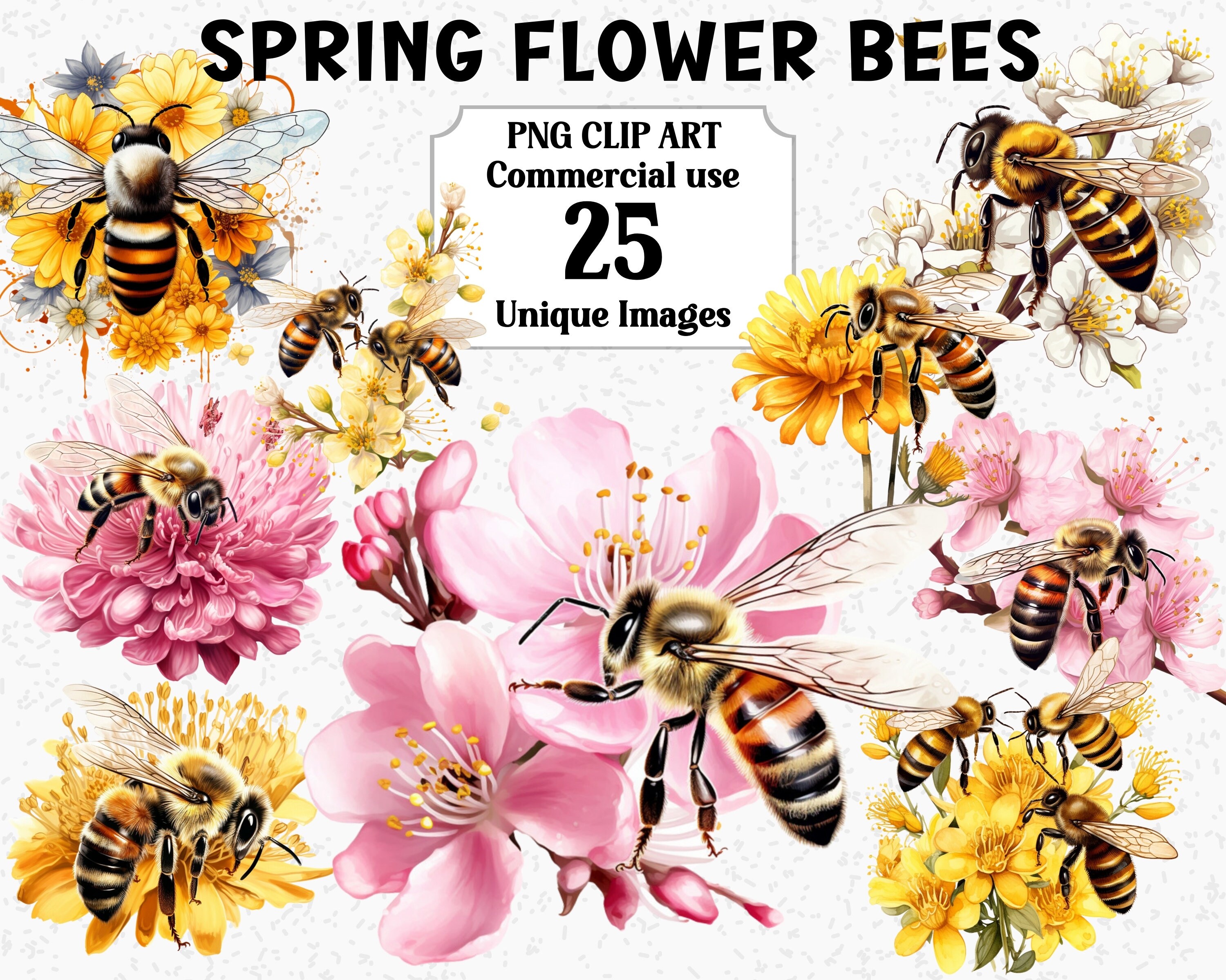 Spring Flower Bees Watercolor Clipart, Digital Crafts, Instant Download ...