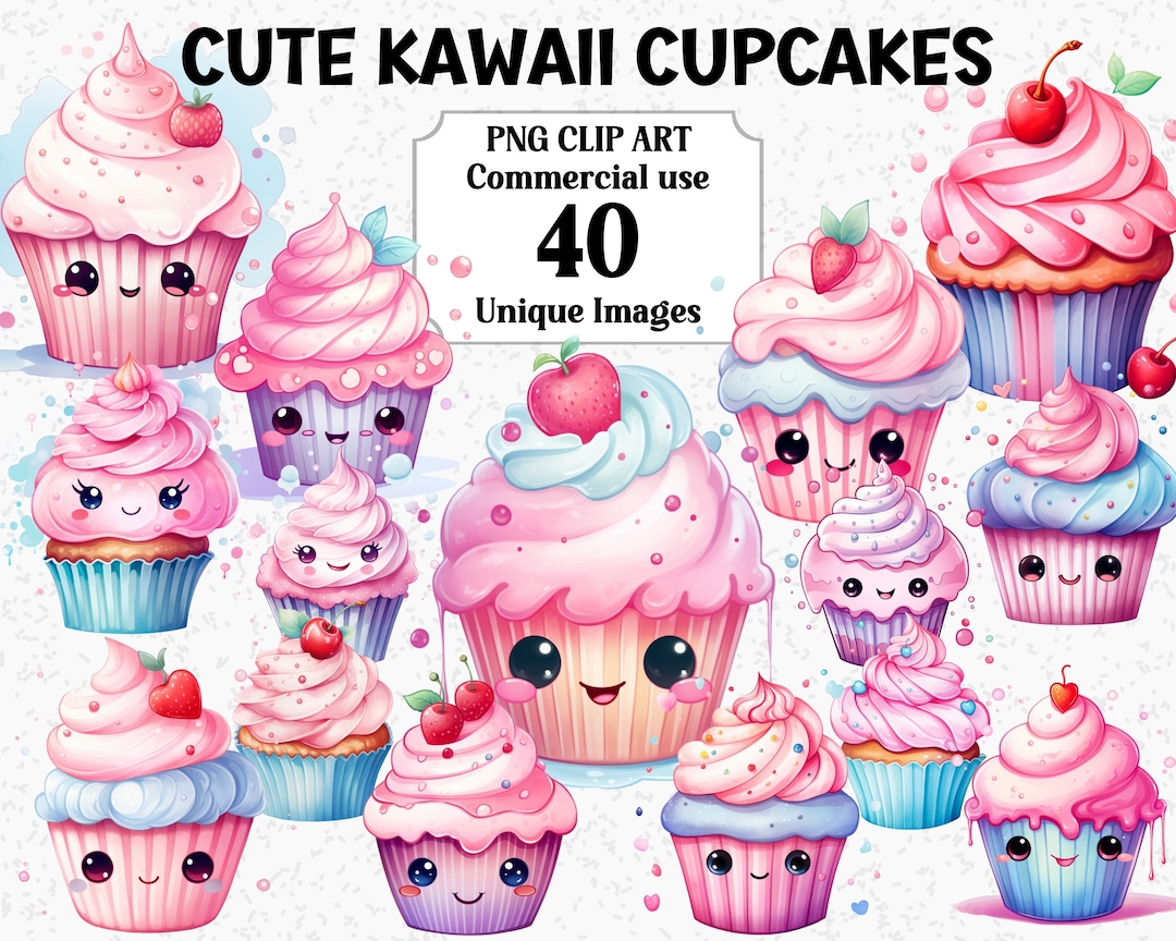 Cute Kawaii Cupcakes Watercolor Clipart, Craft Sublimation Decorations ...