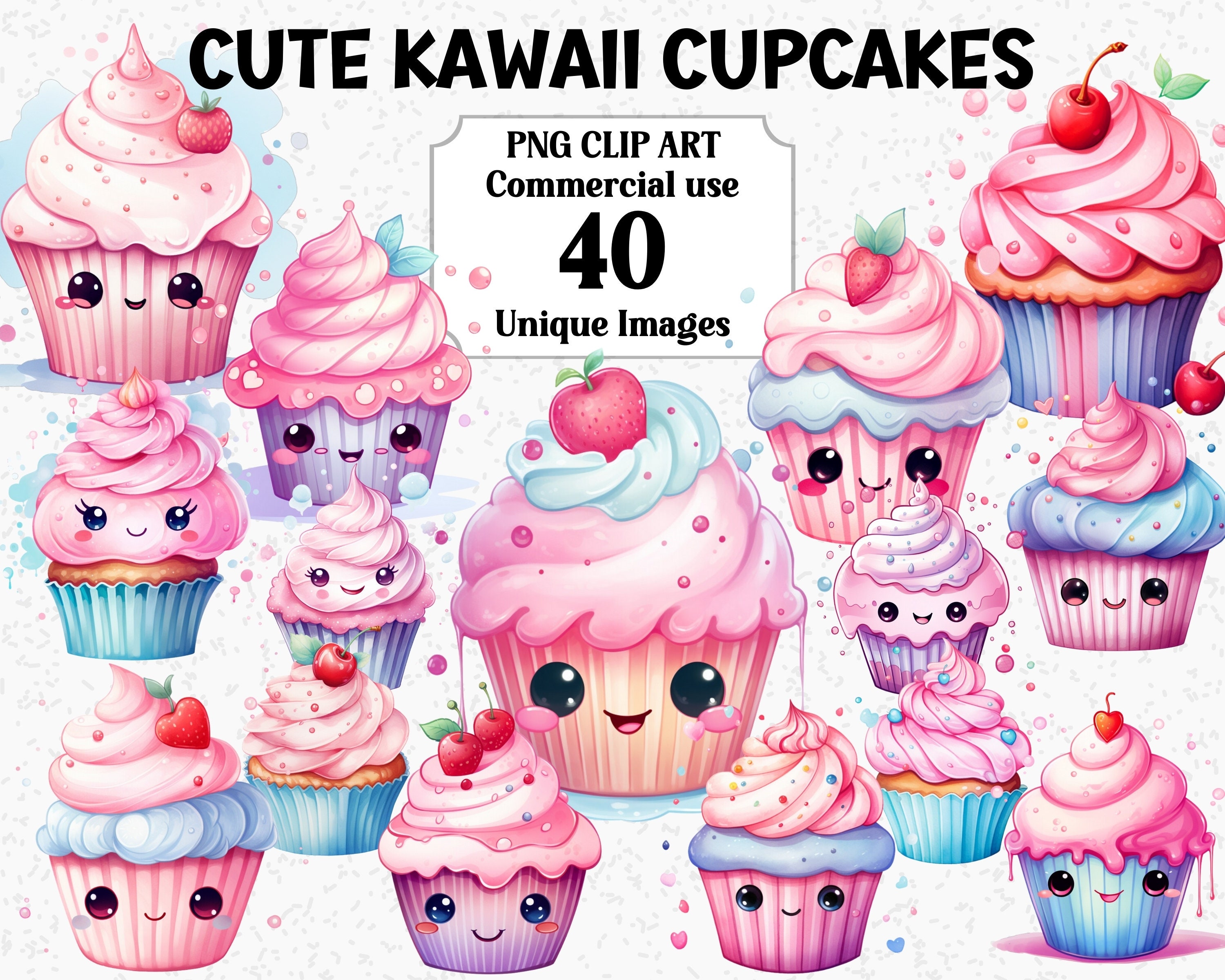 Cute Kawaii Cupcakes Watercolor Clipart, Craft Sublimation Decorations ...
