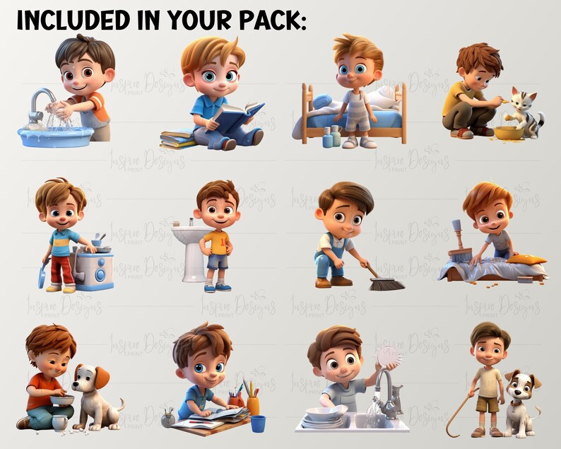 3D Style Cute Boys Doing Chores Clipart, Commercial Use Little Kids ...