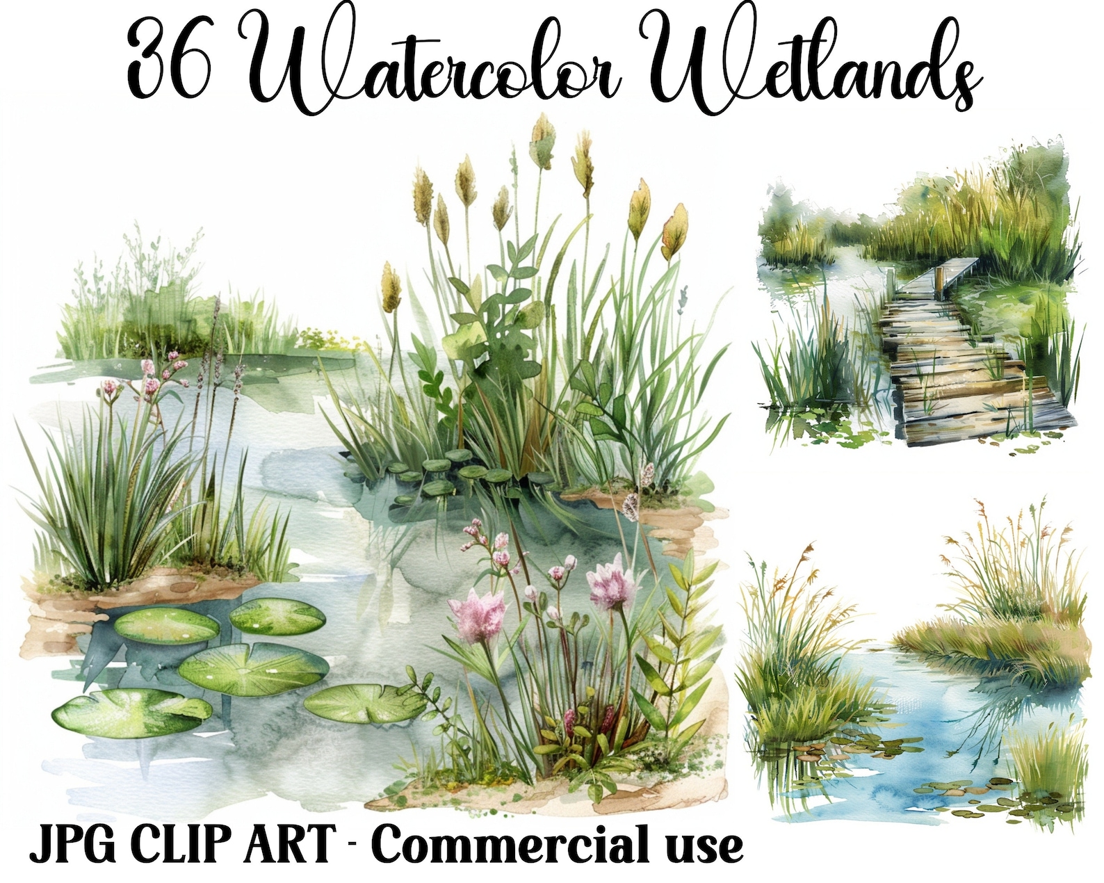 Watercolor Wetlands Grass Swamp Clipart Scenes, Fantasy Nature Digital ...
