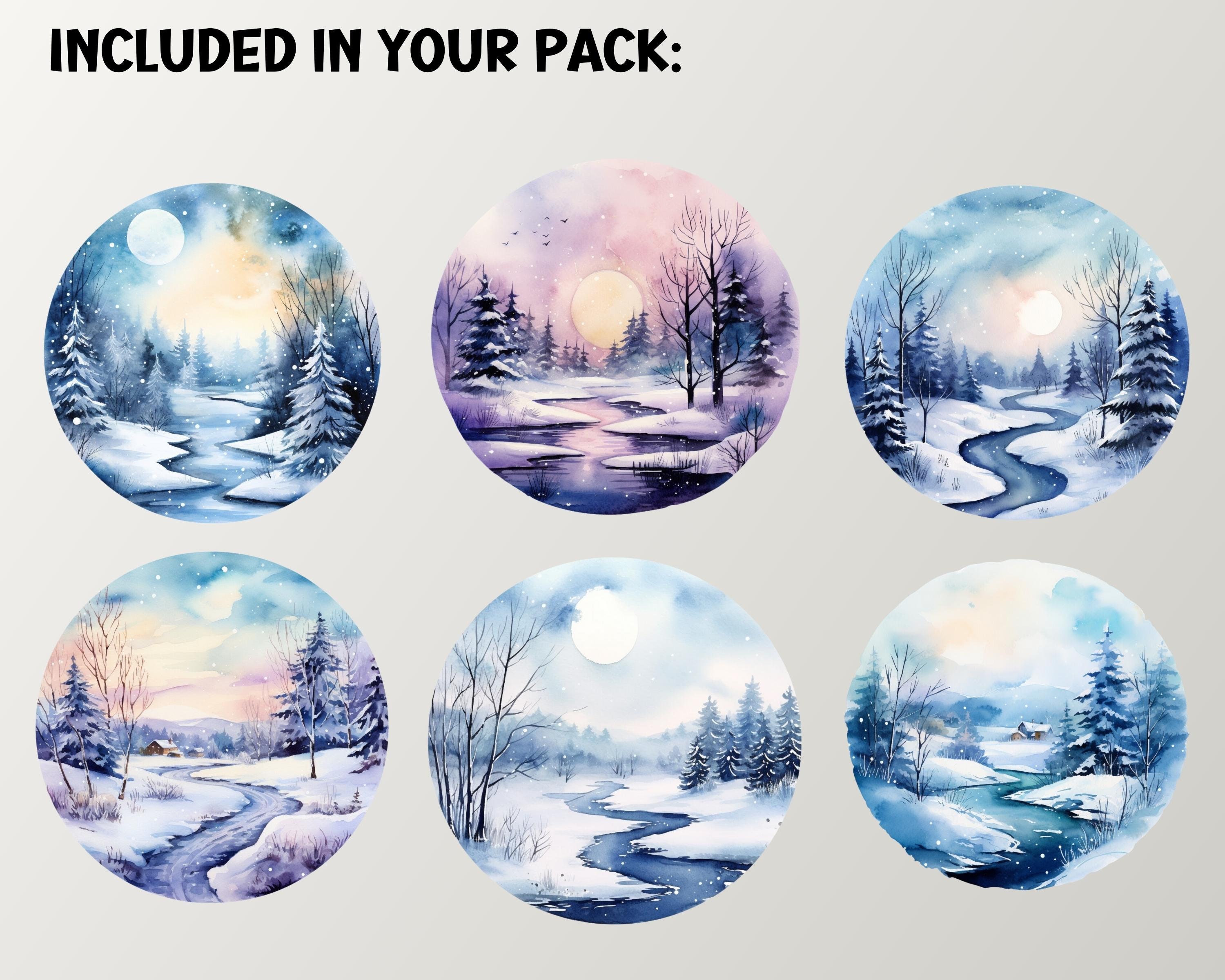 Winter Landscape Circles Watercolor Christmas Clipart Scenes - Etsy