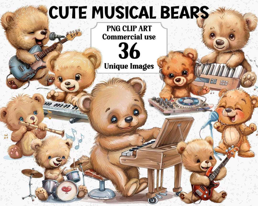 Cute Musical Bears Clipart, Instant Download, Music Guitar Drums Piano ...