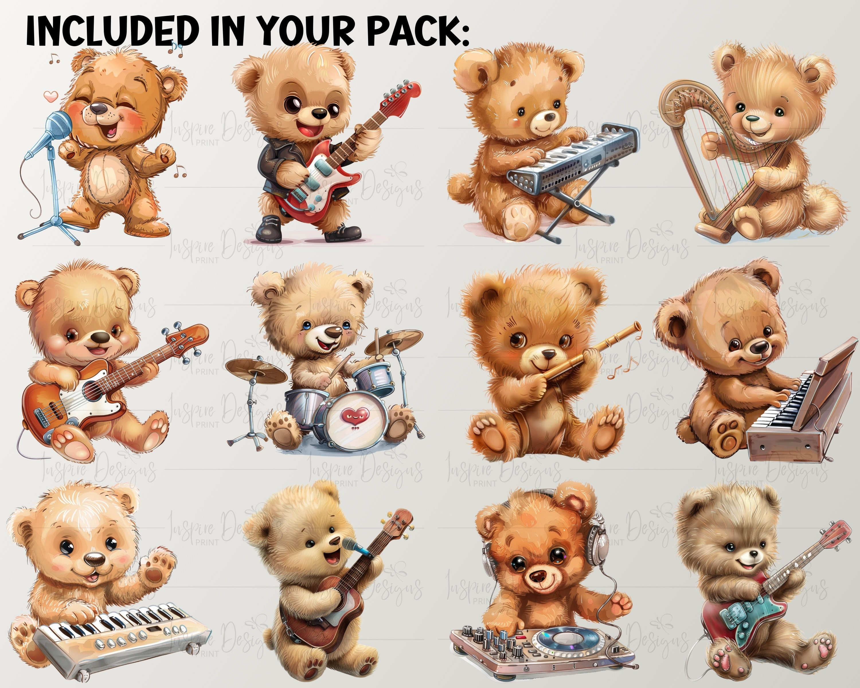 Cute Musical Bears Clipart, Instant Download, Music Guitar Drums Piano ...