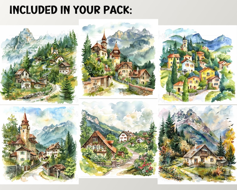 Mountain Villages Watercolor Houses Clipart Scenes, Fantasy Town ...