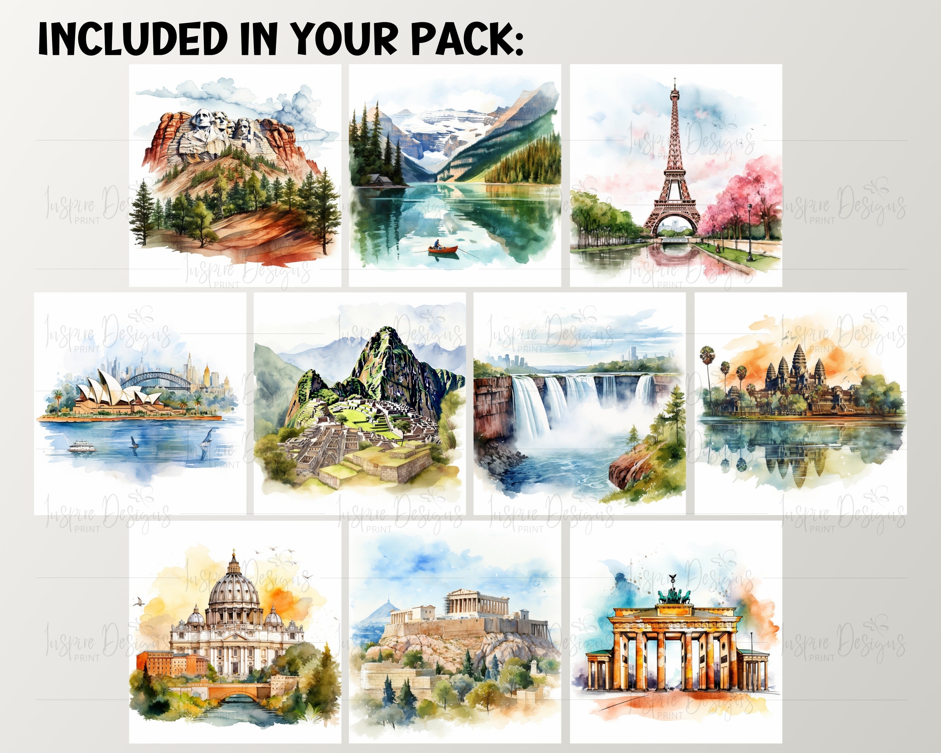 World Landmarks Watercolor Clipart, Digital & Paper Craft Iconic Scenes ...