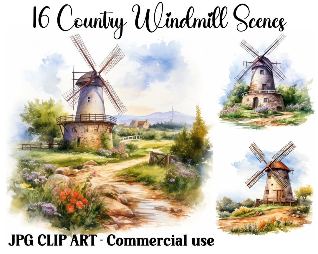 Country Windmill Scenes Watercolor Clipart, Digital & Paper Craft ...