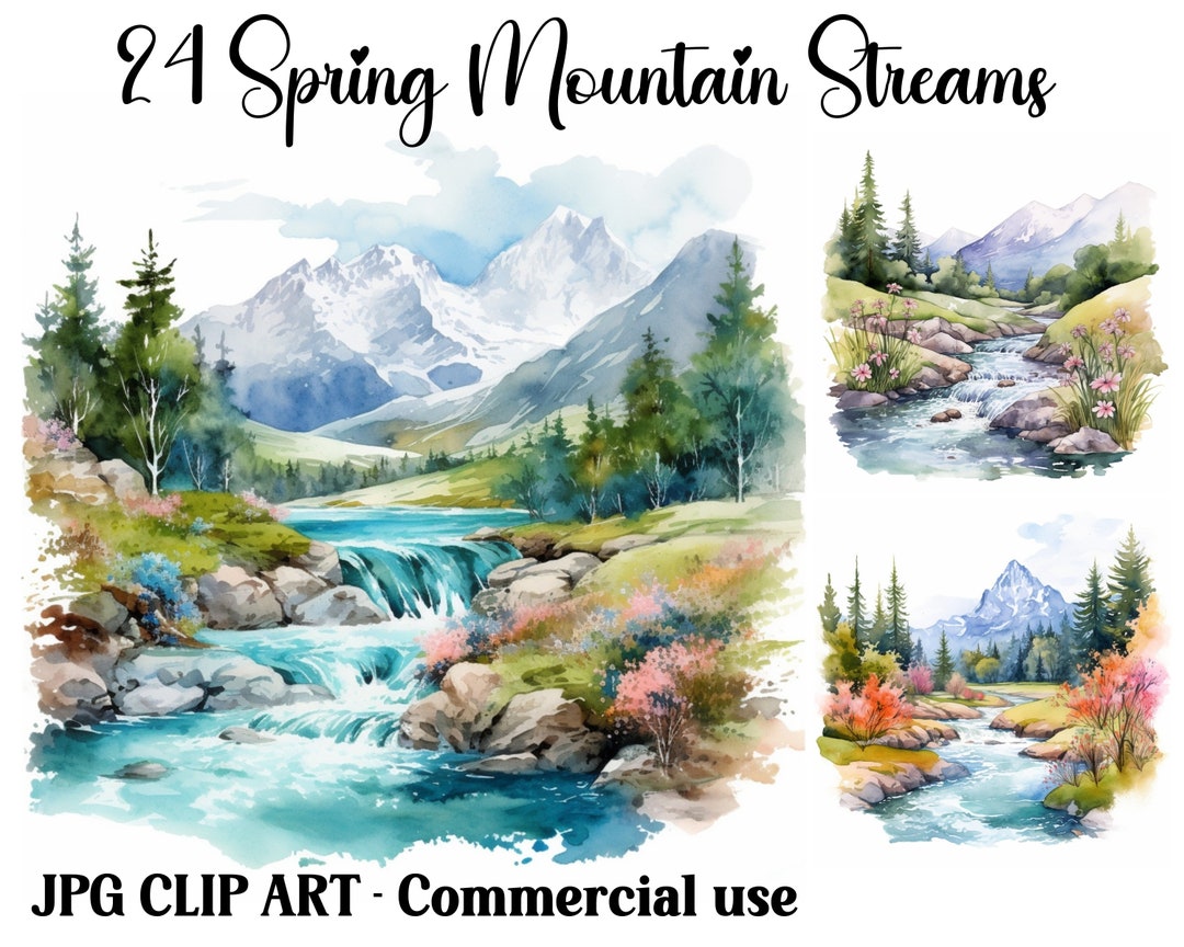 Spring Mountain Streams Watercolor Clipart Scenes, Digital & Paper ...
