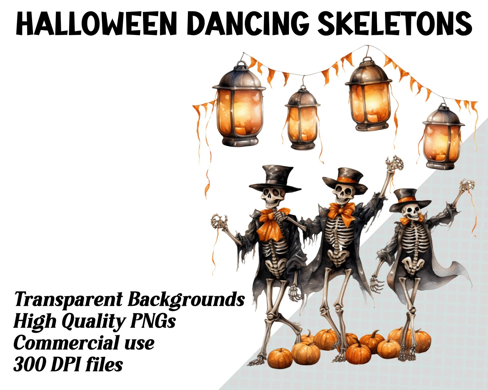 Halloween Dancing Skeletons Spooky Watercolor Clip Art, Digital Paper ...