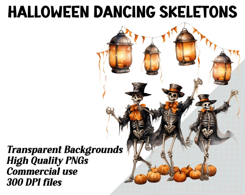 Halloween Dancing Skeletons Spooky Watercolor Clip Art, Digital Paper ...