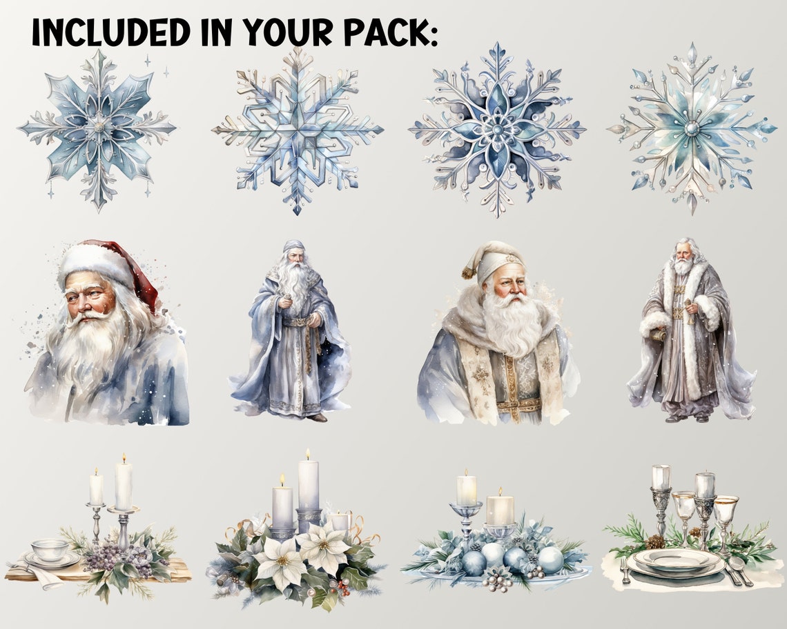 Silver Christmas Luxury Watercolor Clipart Decorations Bundle - Etsy