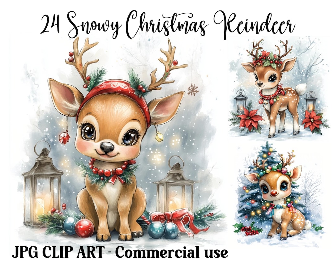 Snowy Christmas Reindeer Clipart, Craft Digital Papers, Cute Card ...