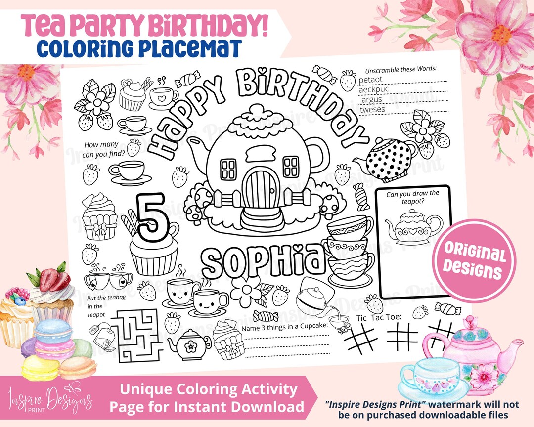 Personalized TEA PARTY Birthday Party Fun - Printable Coloring ...