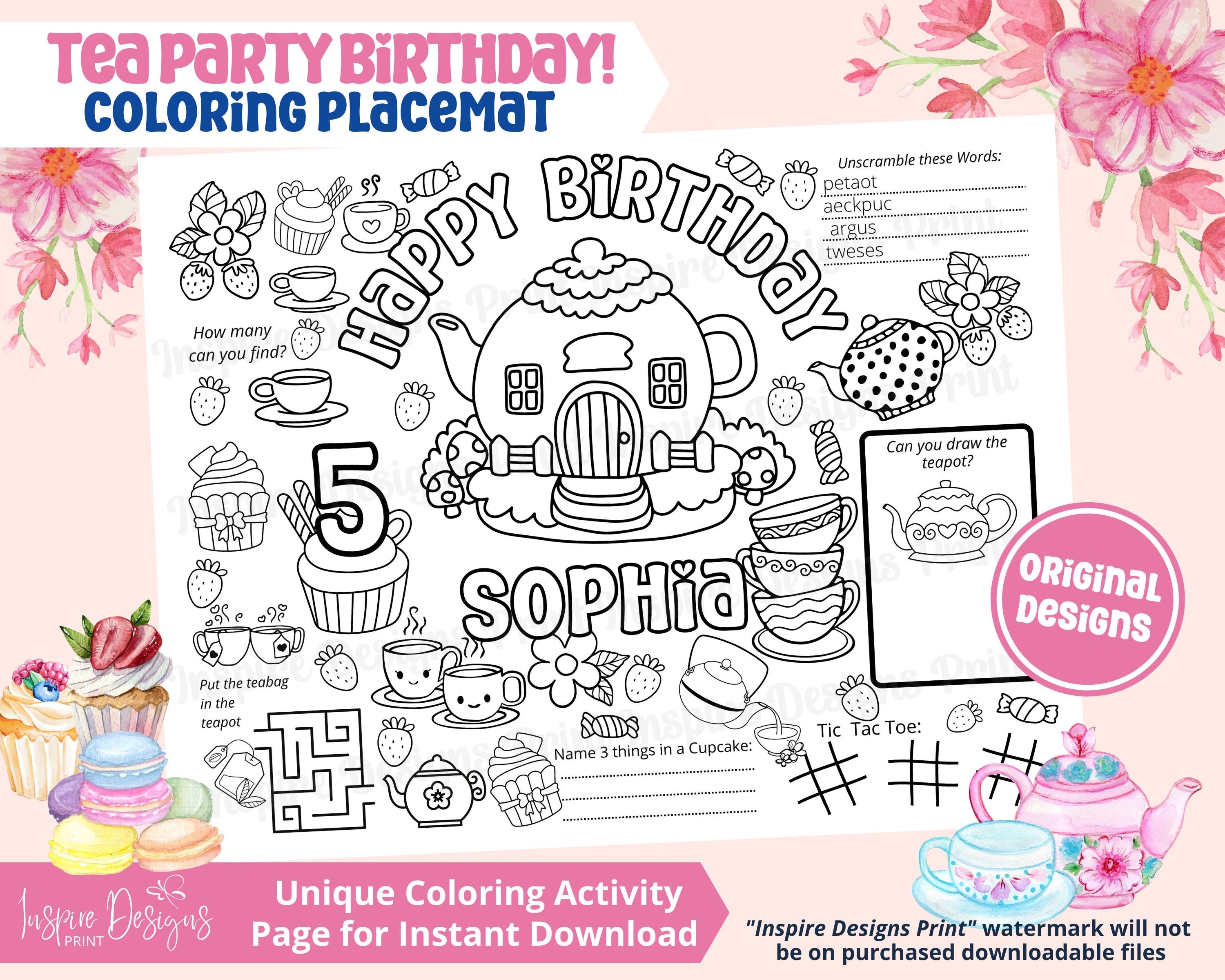 Personalized TEA PARTY Birthday Party Fun Printable Coloring Placement ...