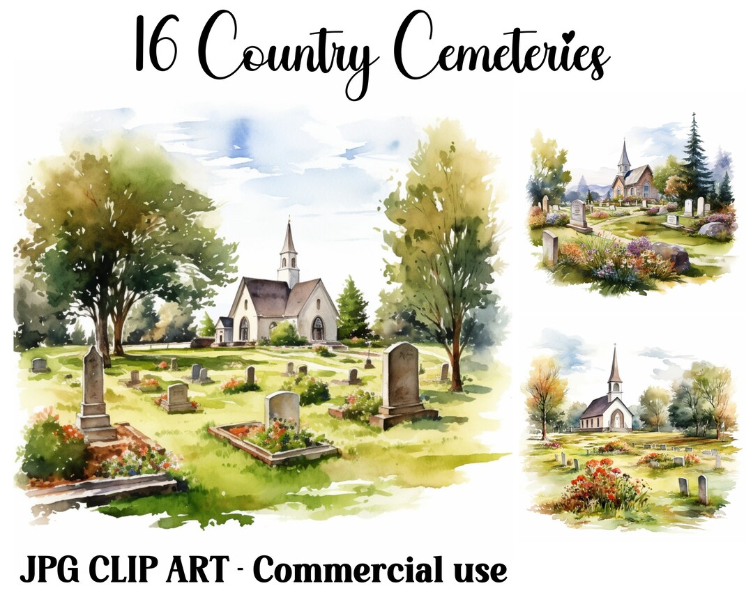 Country Cemeteries Watercolor Scenes Clipart, Instant Download ...
