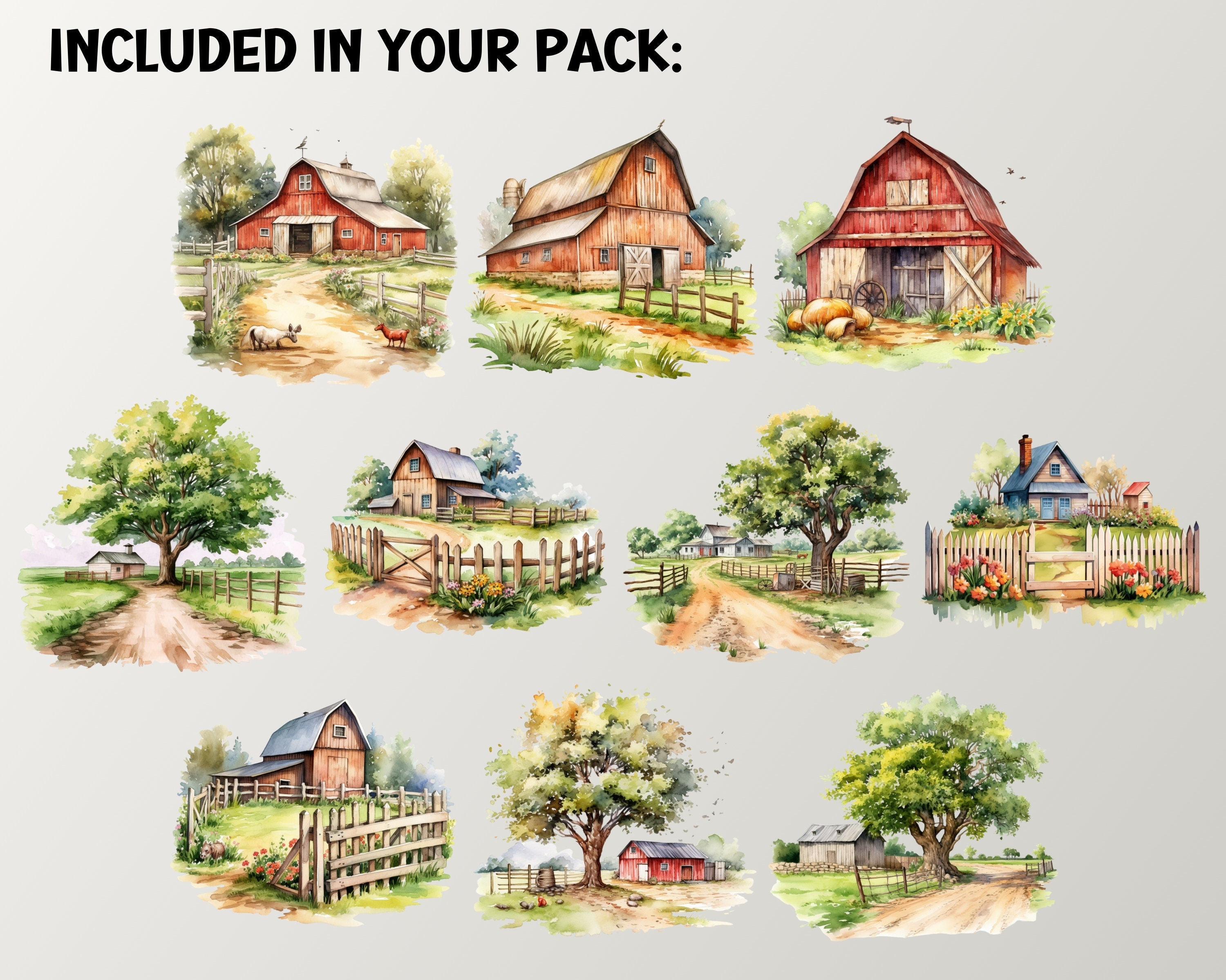 On the Farm Clipart, Watercolor Barn Animals, Cows, Horses, Sheep ...