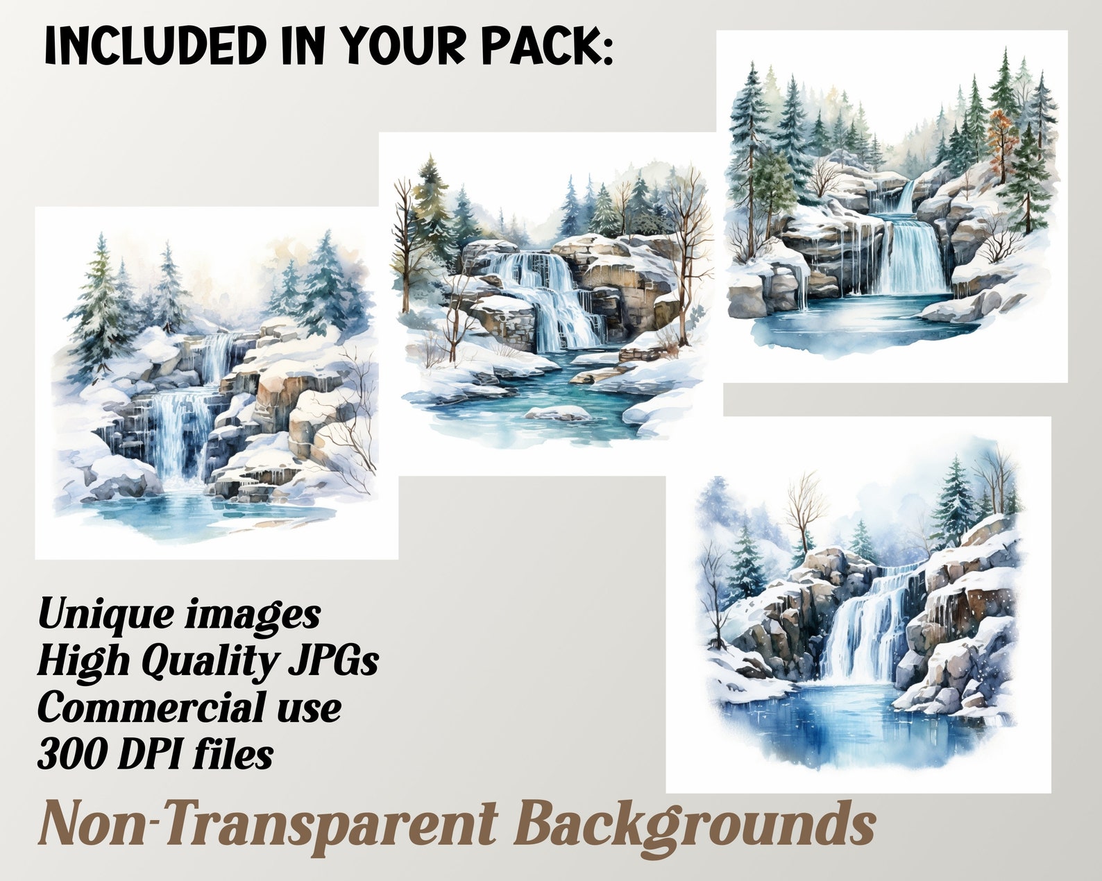Winter Waterfalls Watercolor Clipart Scenes, Digital & Paper Crafts ...