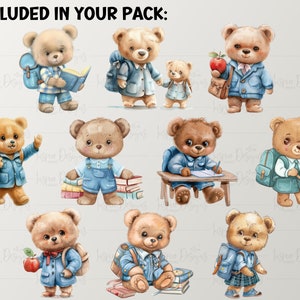 Back to School Bears Blue Clipart, Instant Download, Riding Bike, Desk ...