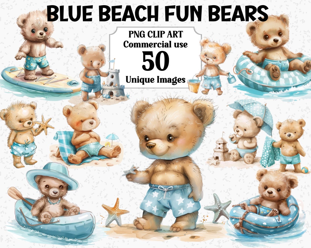 Summer Teddies Clipart - Blue Beach Fun Bears Clipart, Instant Download ...
