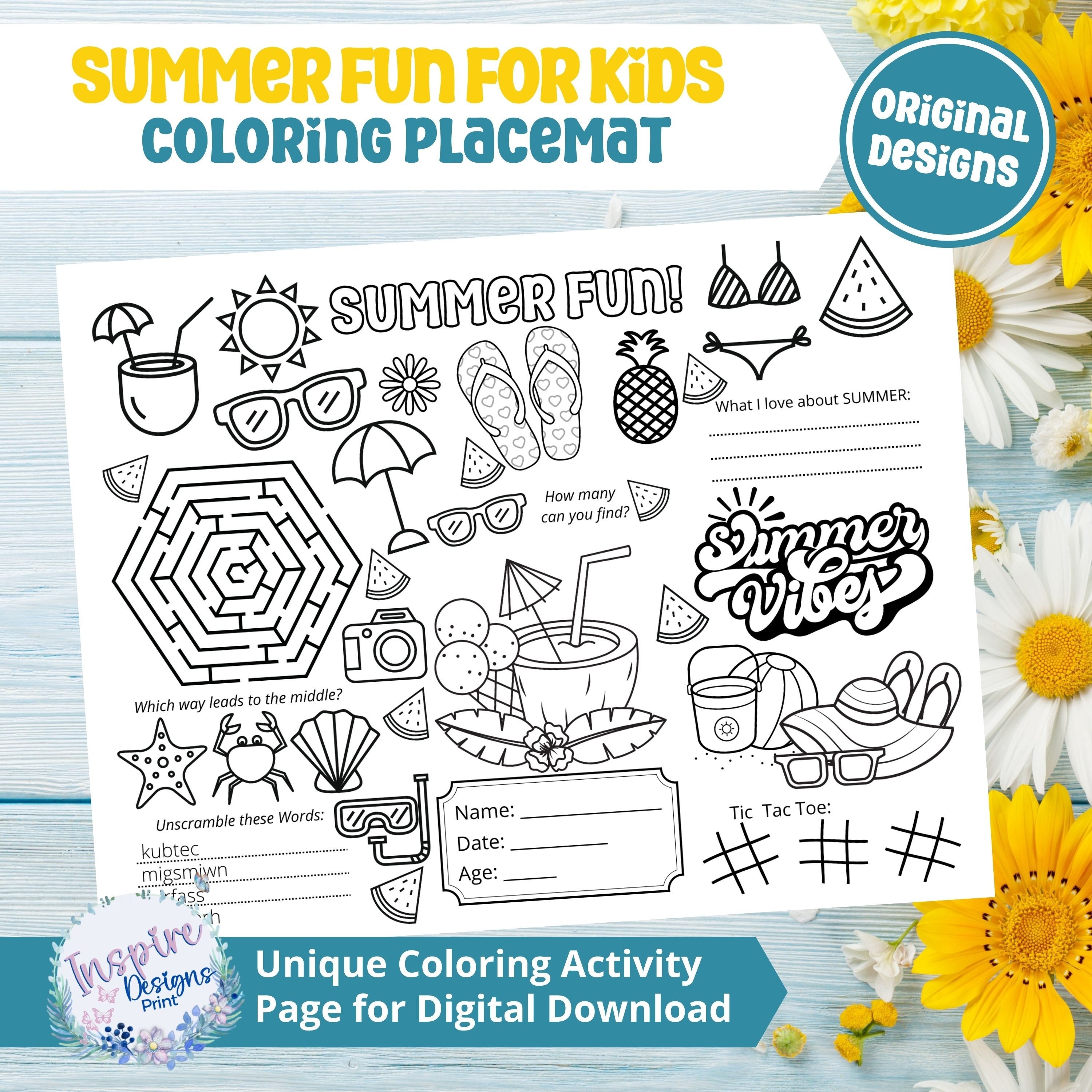 SUMMER Fun Printable Coloring Placemat for Kids Season Activity Table ...