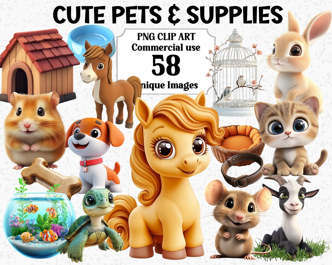 3D Style Cute Pets & Supplies Clipart, Commercial Use Cats Dogs Fish ...