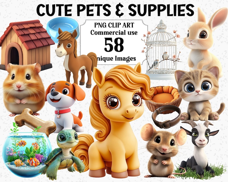 3D Style Cute Pets & Supplies Clipart, Commercial Use Cats Dogs Fish ...