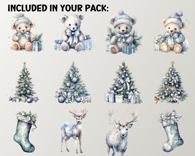Silver Christmas Luxury Watercolor Clipart Decorations Bundle - Etsy