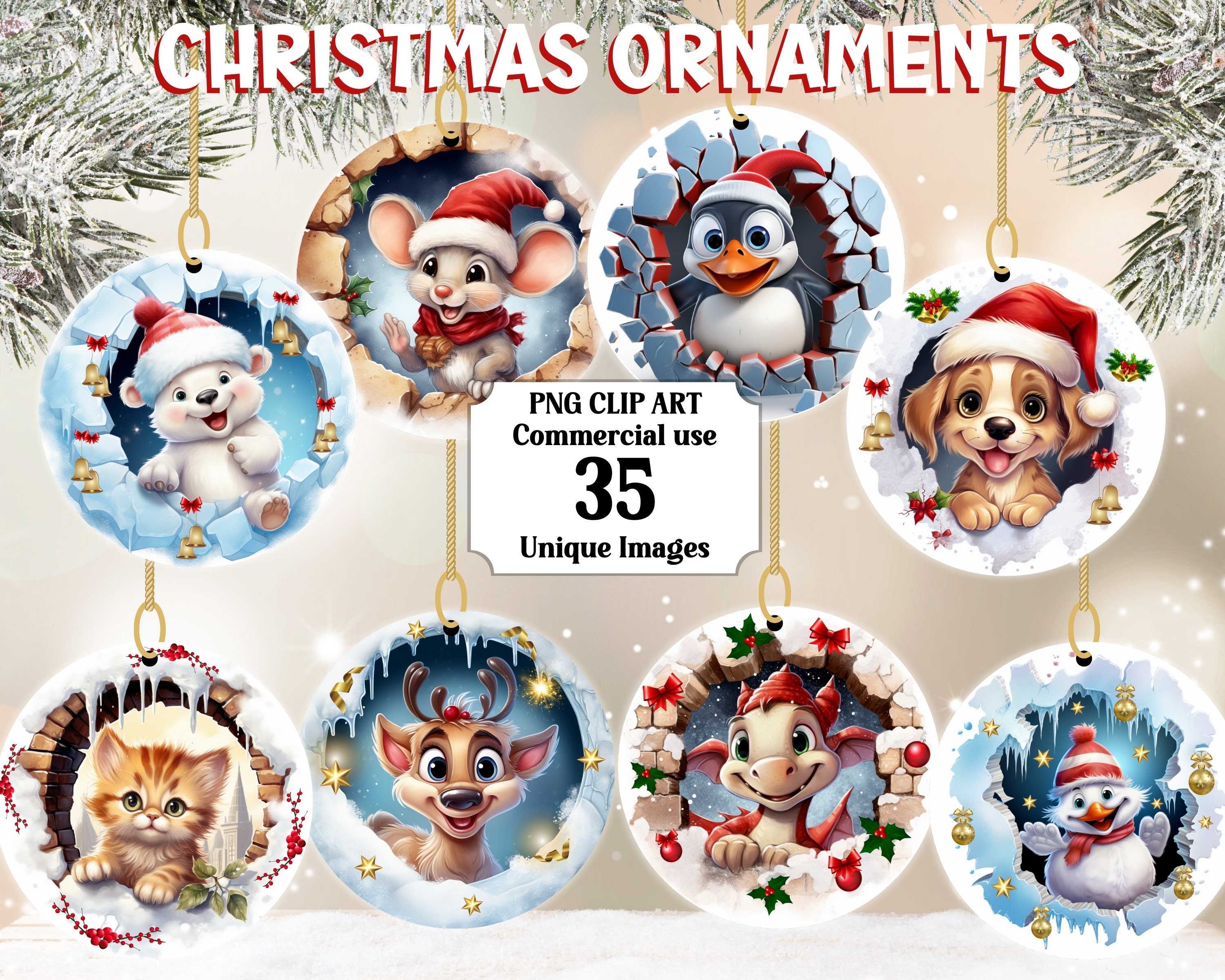 3D Cute Animals Christmas Break Through Ornament, Instant Download ...