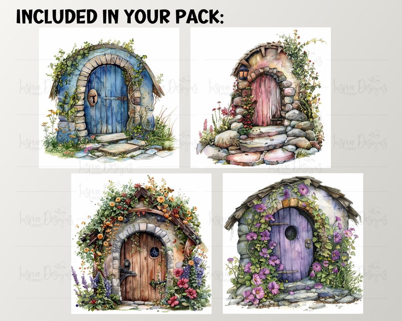 Garden Fairy Doors Watercolor Clipart Scenes, Fantasy Fairytale Digital ...