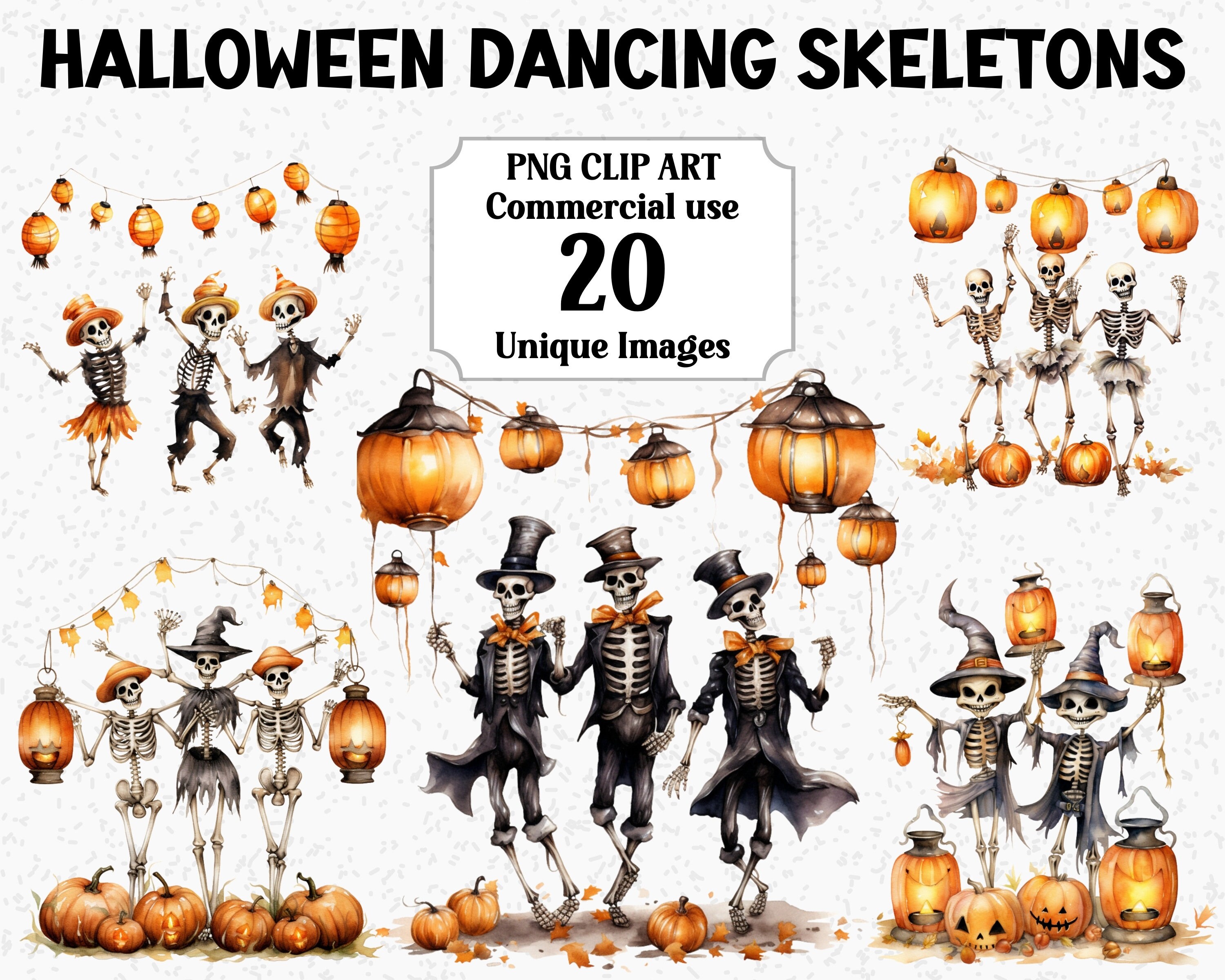 Halloween Dancing Skeletons Spooky Watercolor Clip Art, Digital Paper ...