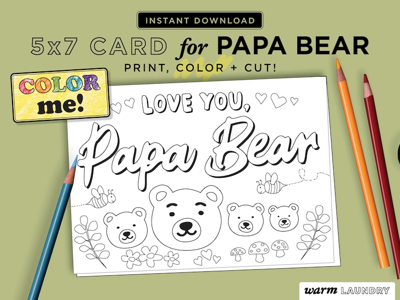 Papa Bear Coloring Card | DIY Father's Day Gift (digital Download) - Etsy