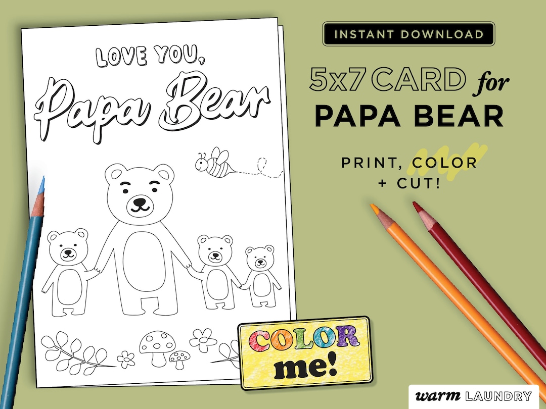 Papa Bear Coloring Card: DIY Birthday or Father's Day (digital Download ...