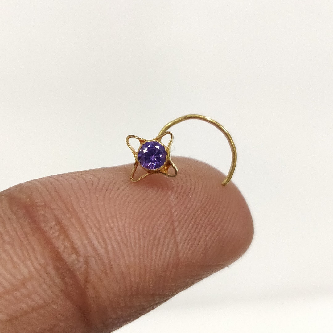 Nose Stud 18k Gold ,purple Cz Stone ~ Yellow Gold Dipped Nose Screw ...