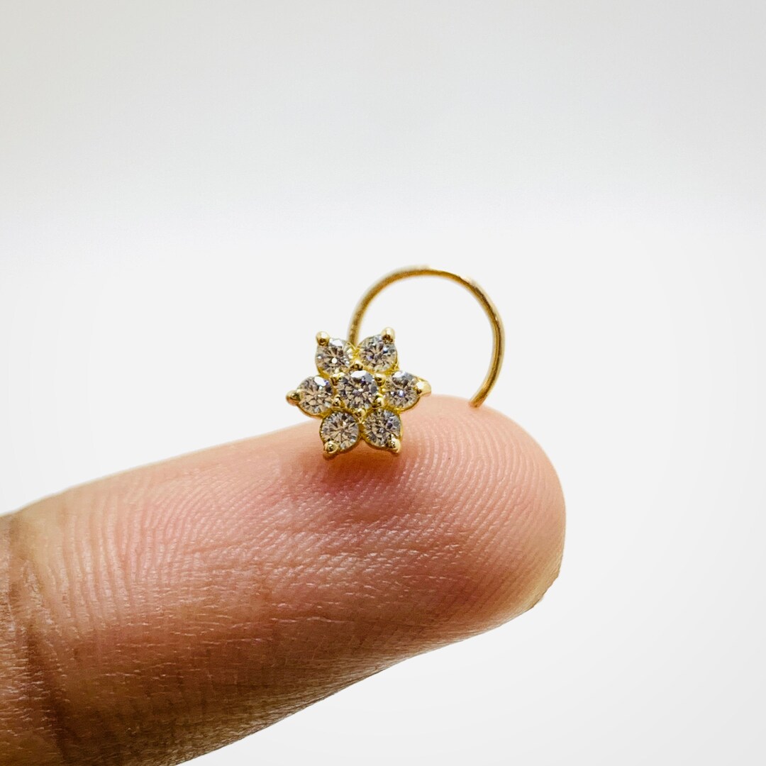 14k Solid Gold Nose Stud Flower Nose Pin L Shape Gold Nose Ring 20g ...