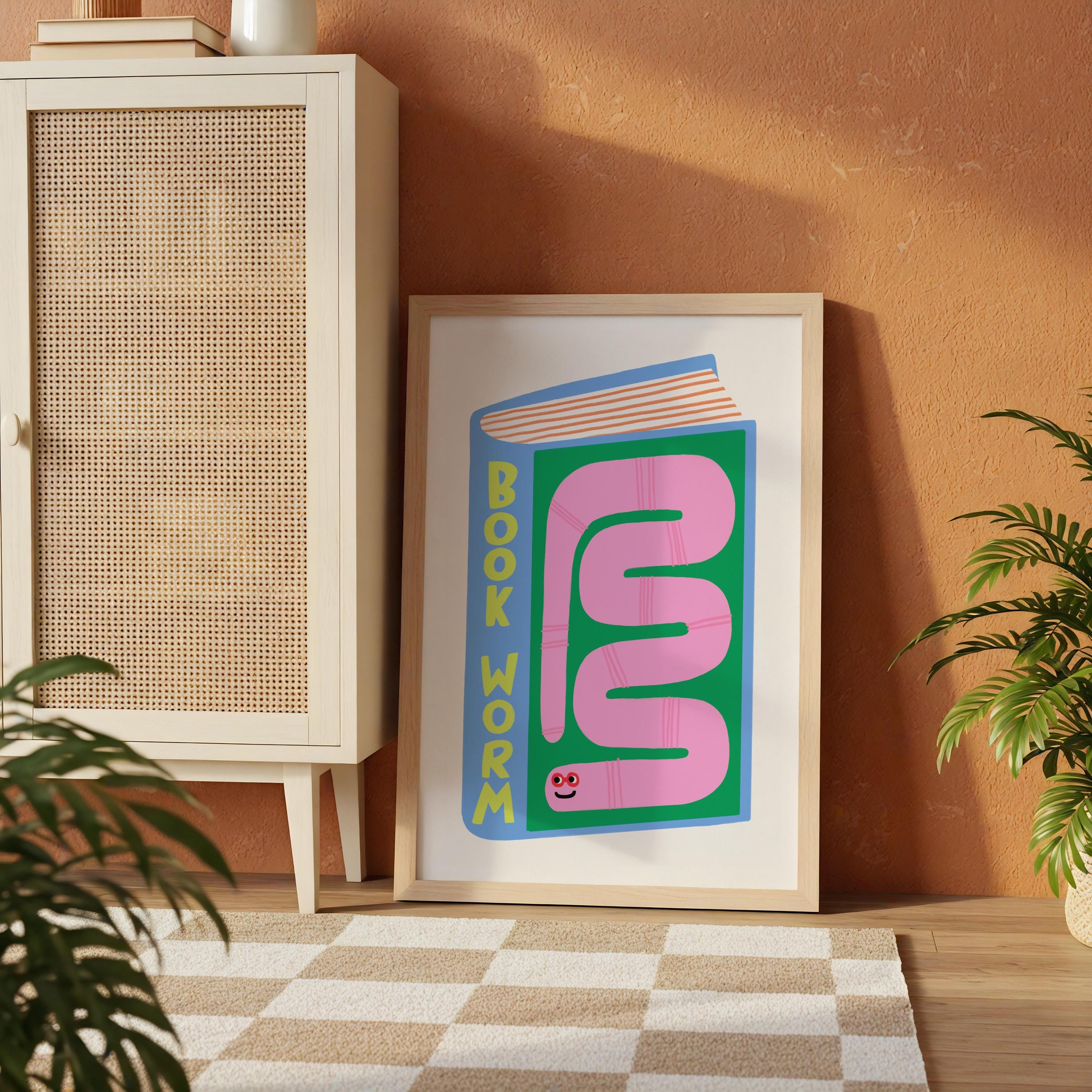Book Worm Print, Reading Print, Book Print, Book Nook Print, Nursery ...